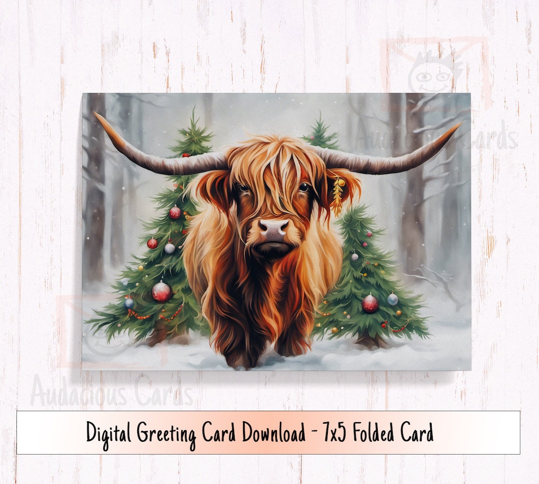 Printable Christmas Card, Family Highland Cow and Christmas Tree Card ...
