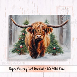 Printable Christmas Card, Family Highland Cow and Christmas Tree Card ...
