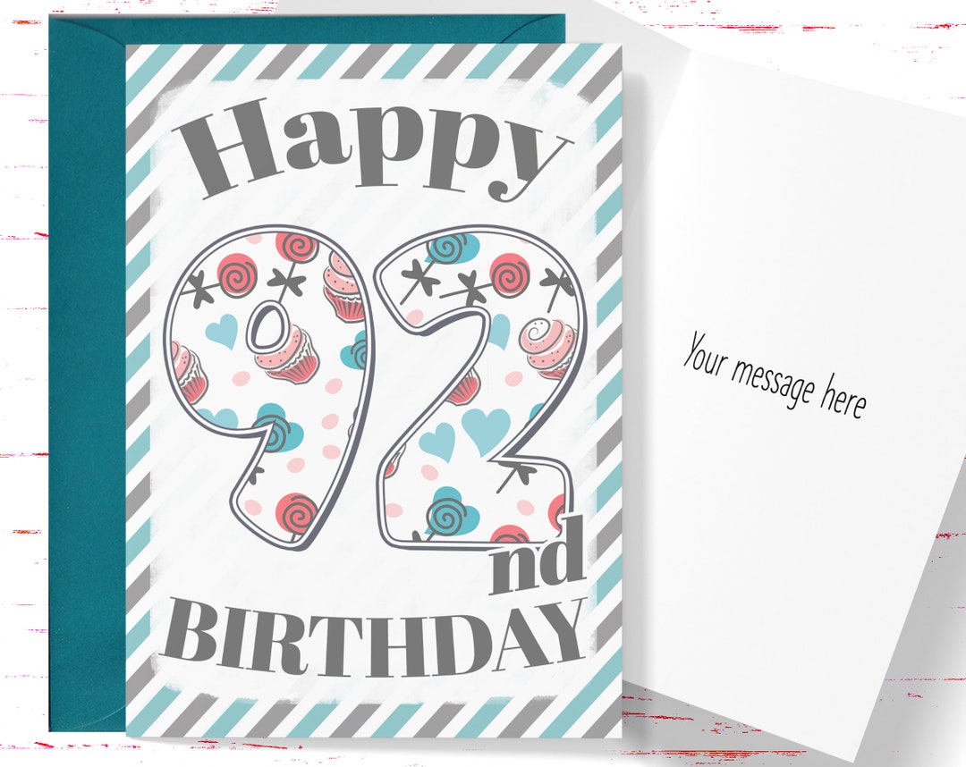 Happy 92nd Birthday Card, Cute Birthday Card for 92 Year Old Birthday ...