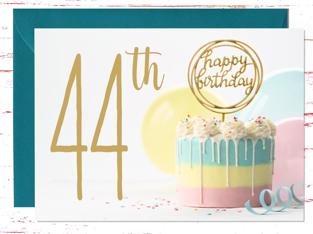 44th Birthday Card for Her, Beautiful Birthday Cake Card With Gold ...