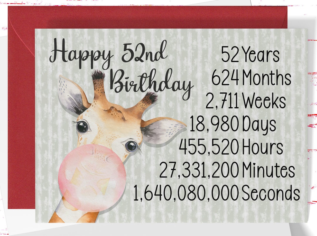 52nd Birthday Card for Her Time Count Birthday Card 52nd - Etsy