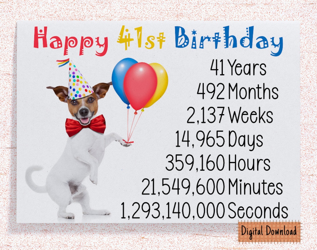 Printable Cute 41st Birthday Card, Birthday Card for 41st Birthday ...