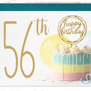 56th Birthday Card for Her, Beautiful Birthday Cake Card With Gold ...
