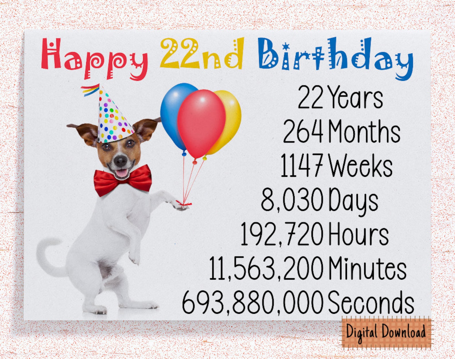 Printable Cute 22nd Birthday Card Time Count Birthday Card - Etsy