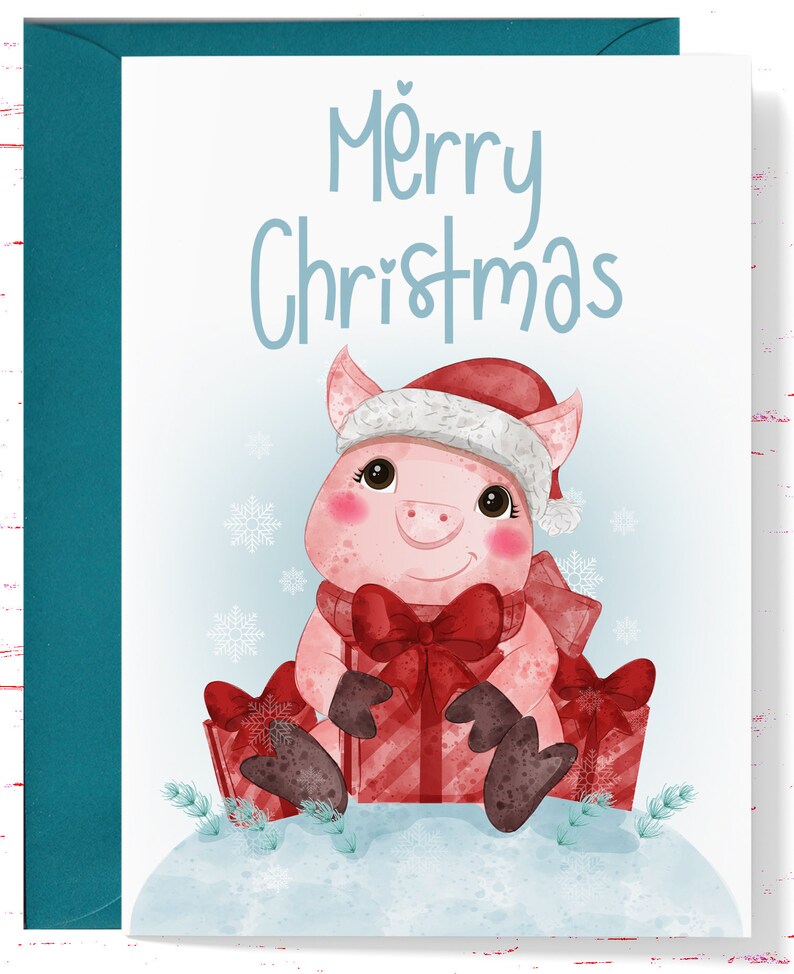 Cute Christmas Pig Card, Christmas Greeting Card, Animal Christmas Card ...