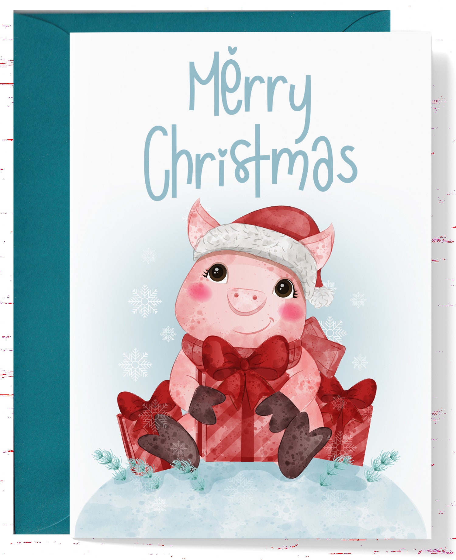 Cute Christmas Pig Card, Christmas Greeting Card, Animal Christmas Card ...