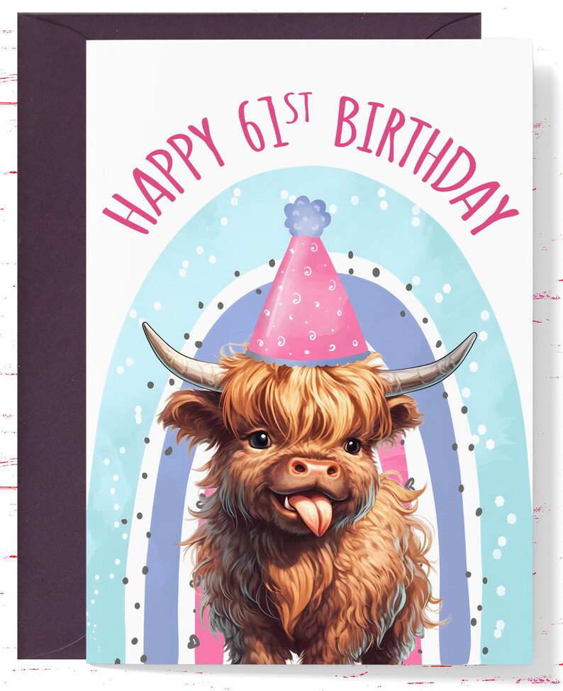 Highland Cow 61st Birthday Card, Cute Sixty First Birthday Card, 61 ...