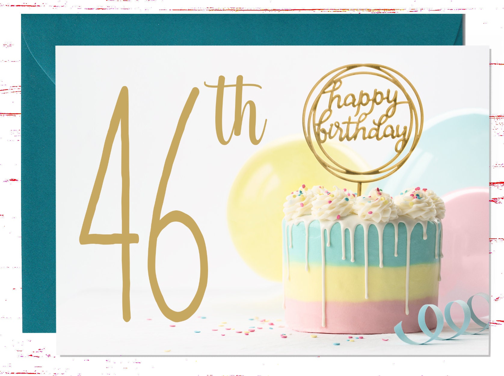 46th Birthday Card for Her, Beautiful Birthday Cake Card With Gold ...