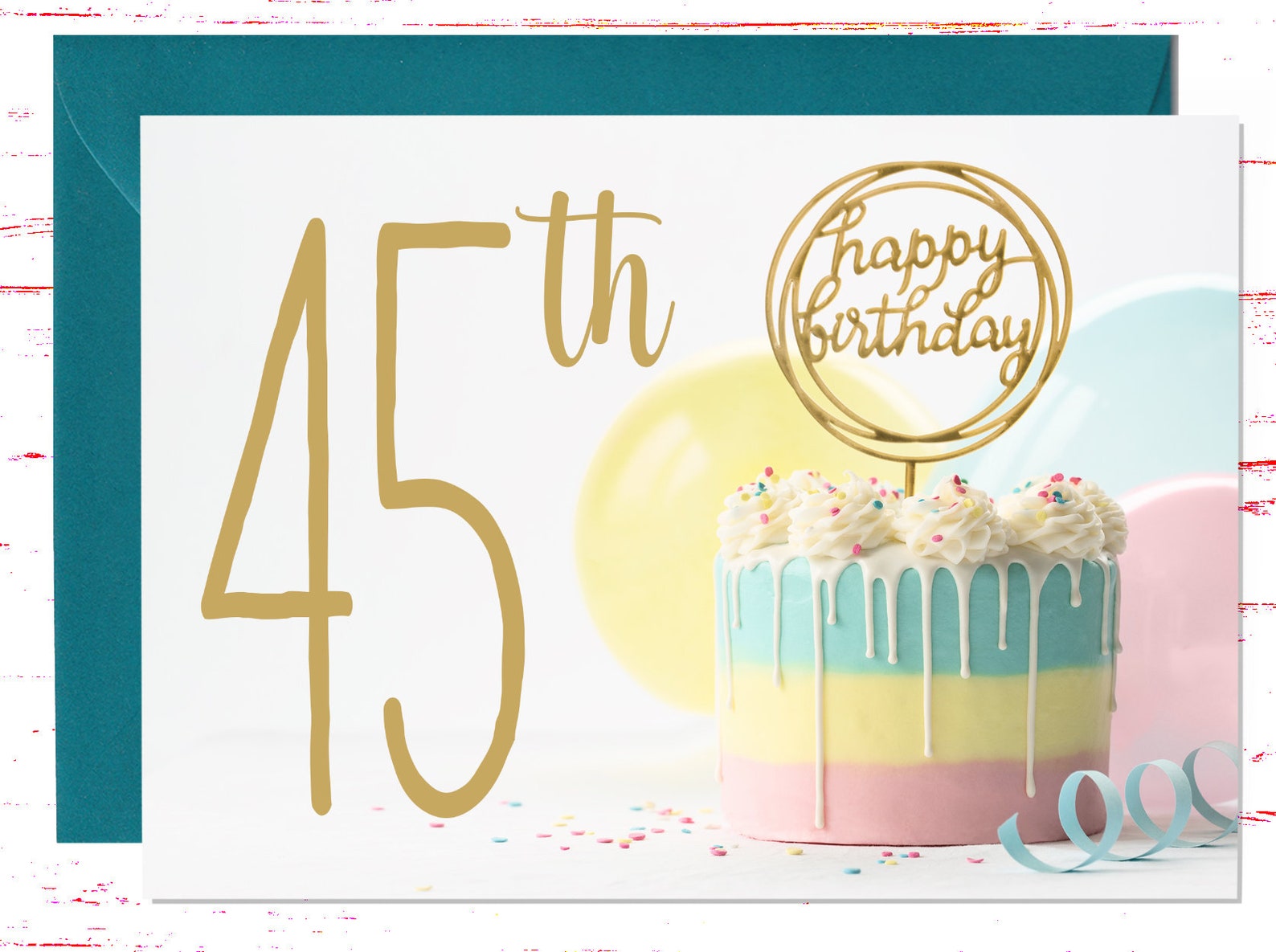 45th Birthday Card for Her, Beautiful Birthday Cake Card With Gold ...