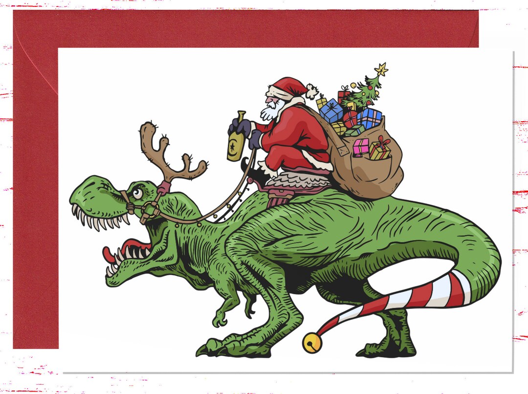 Santa Riding Trex Christmas Cards, Greeting Card for Kids Dinosaur, T ...