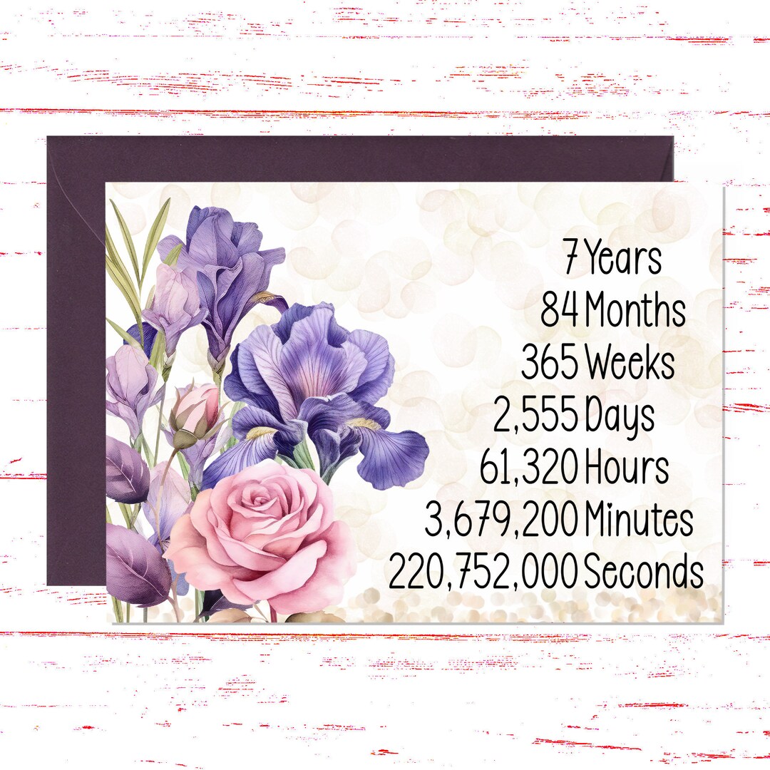 7th Anniversary Card, 7th Birthday Card, Beautiful Card for 7 Year ...