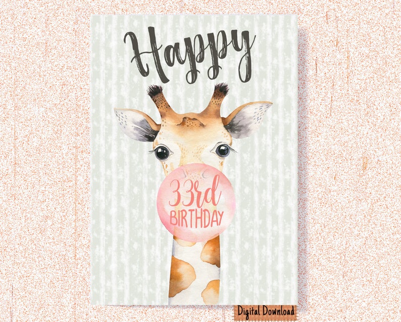 Printable 33rd Birthday Card Giraffe Birthday Card for 33rd - Etsy