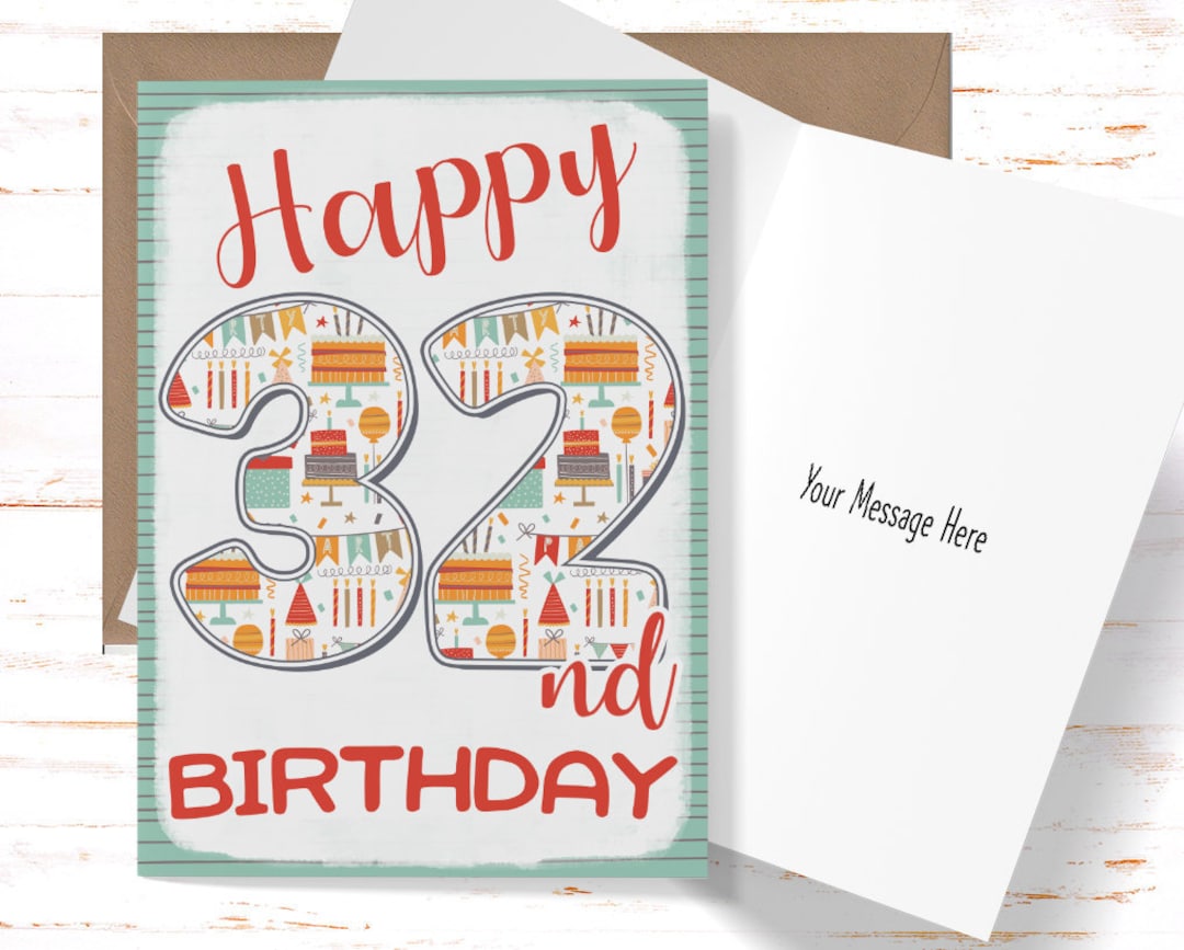 Happy 32nd Birthday Card for Her, Birthday Card for 32nd Birthday, Cute ...