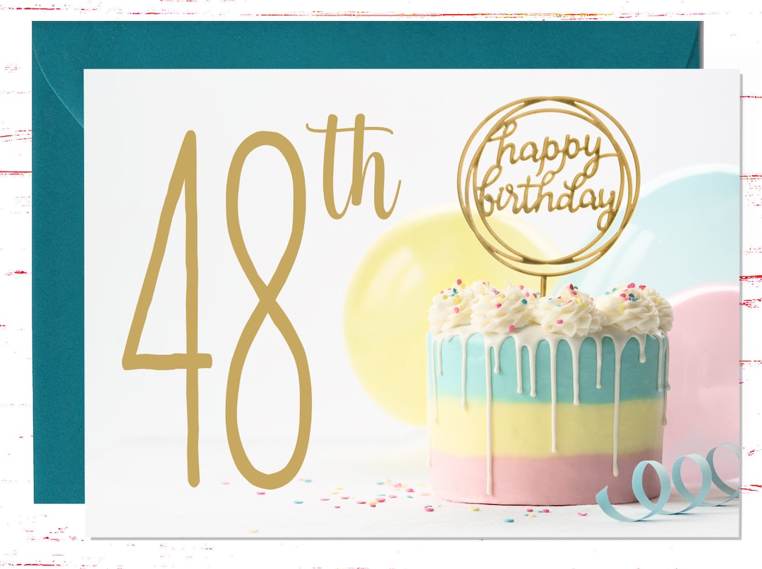 48th Birthday Card for Her, Beautiful Birthday Cake Card With Gold ...