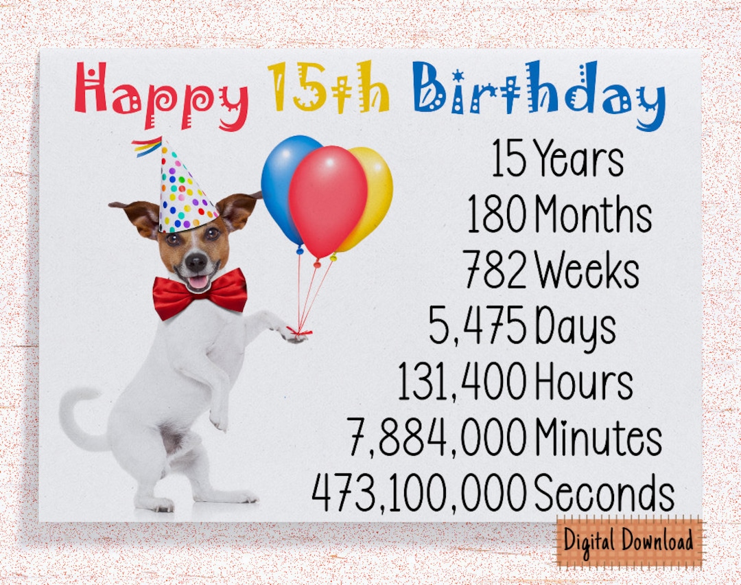Printable Cute 15th Birthday Card, Time Count Birthday Card for 15th ...