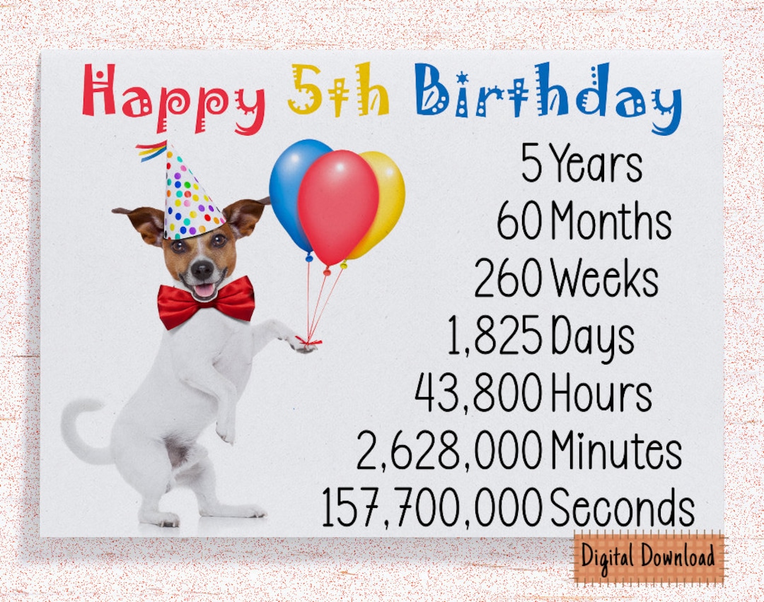 Printable Cute 5th Birthday Card, Time Count Birthday Card for 5th ...