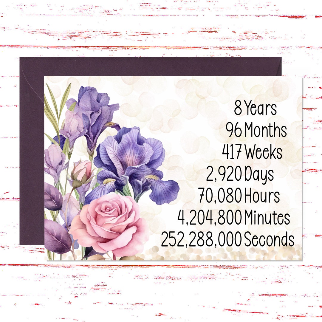 8th Anniversary Card, 8th Birthday Card, Beautiful Card for 8 Year ...