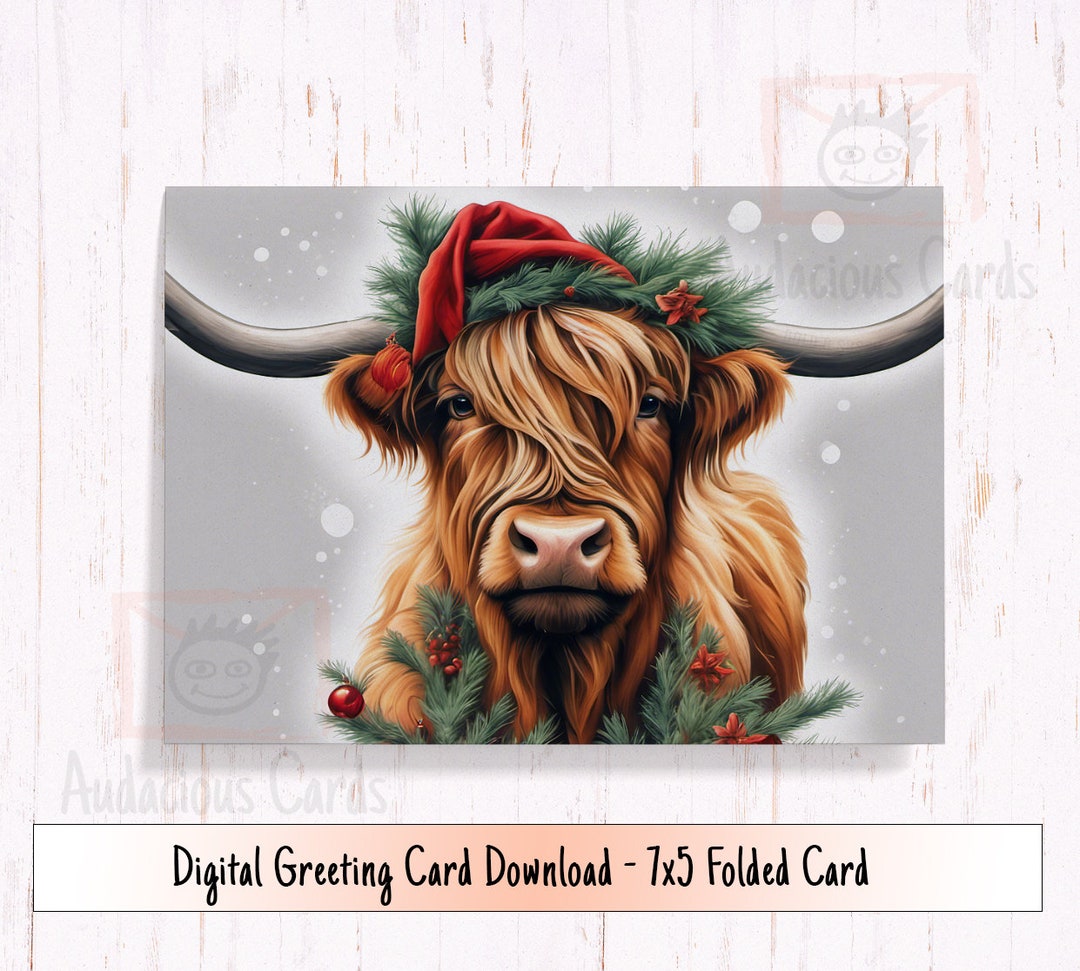 Printable Christmas Card, Cute Highland Cow Wreaths and Santa Hat ...