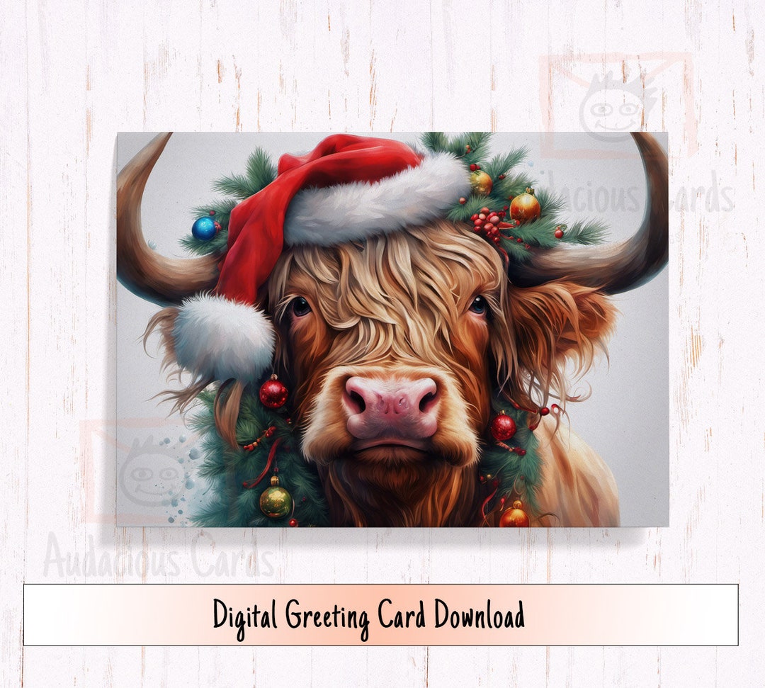 Printable Christmas Card, Highland Cow Christmas Card, Digital ...