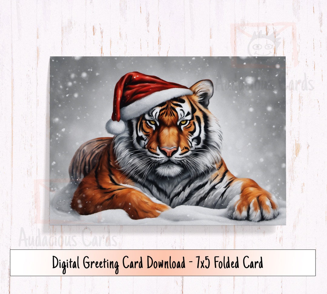 Printable Tiger Holiday Card, Christmas Tiger Wearing Santa Hat ...