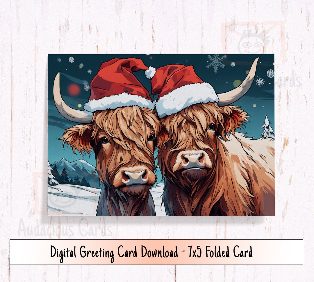 Printable Christmas Card, Funny Highland Cow Wearing Santa Hat, Digital ...