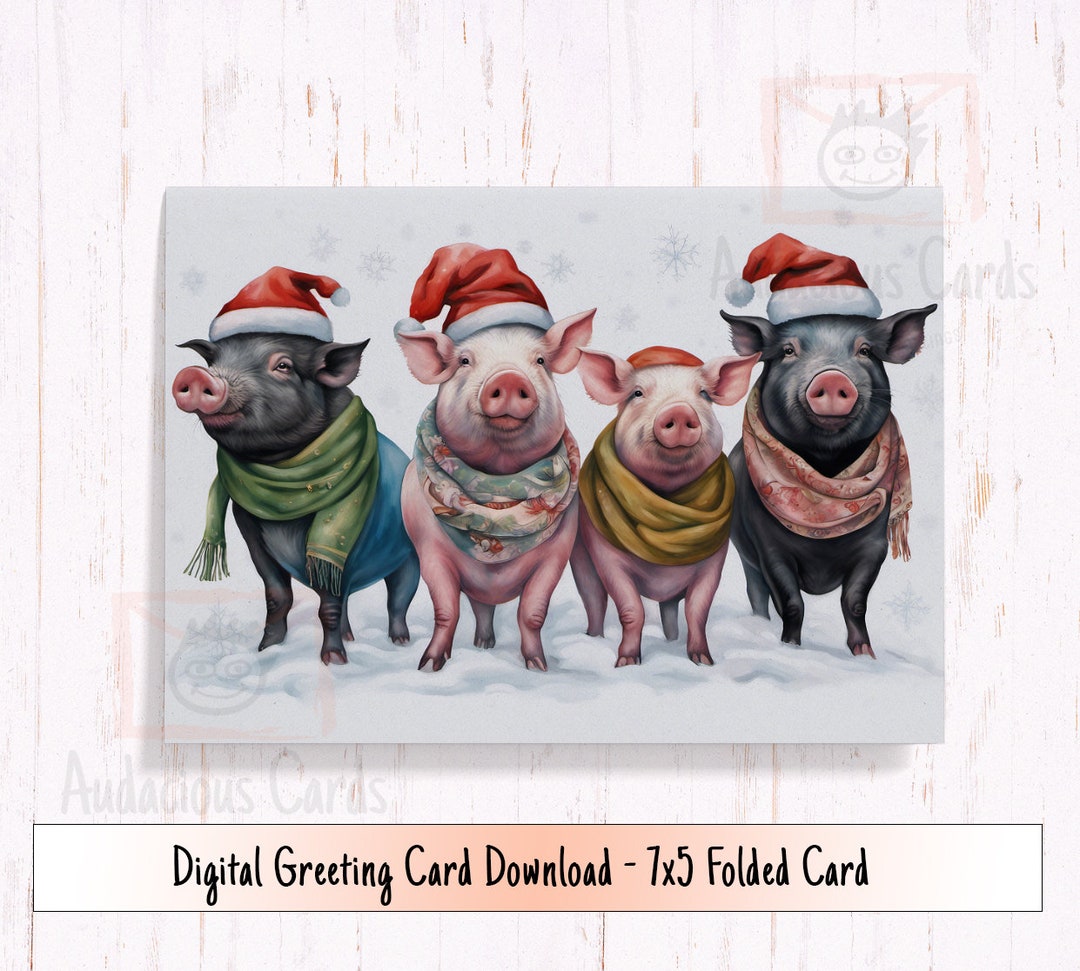 Printable Holiday Card, Winter Pigs Wearing Scarves and Santa Hats ...