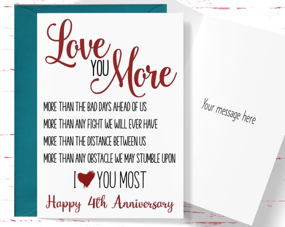 4th Wedding Anniversary Card Love You More 4 Year Anniversary Etsy