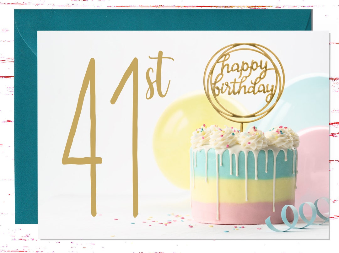 41st Birthday Card: Gold Lettering, Cake Design - Etsy