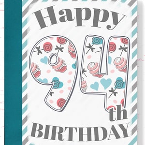 Happy 94th Birthday Card, Cute Birthday Card for 94 Year Old Birthday ...