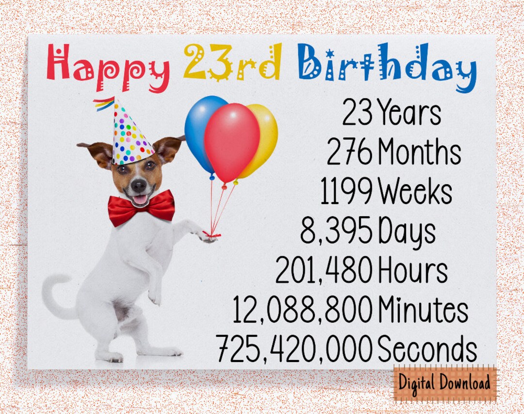 Printable Cute 23rd Birthday Card, Time Count Birthday Card for 23rd ...