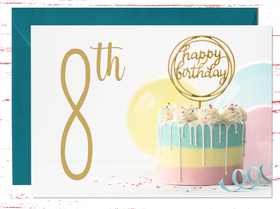 8th Birthday Card for Her, Beautiful Birthday Cake Card With Gold ...