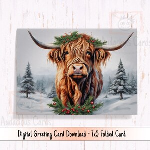 Printable Winter Season Card, Cute Highland Cow With Christmas Wreath ...