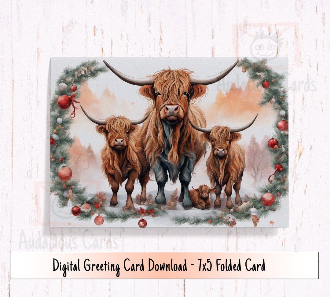 Printable Christmas Card, Family Highland Cow Christmas Card, Digital ...
