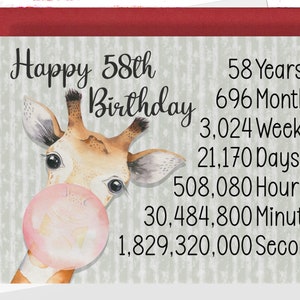 58th Birthday Card for Her, Time Count Birthday Card 58th Birthday ...