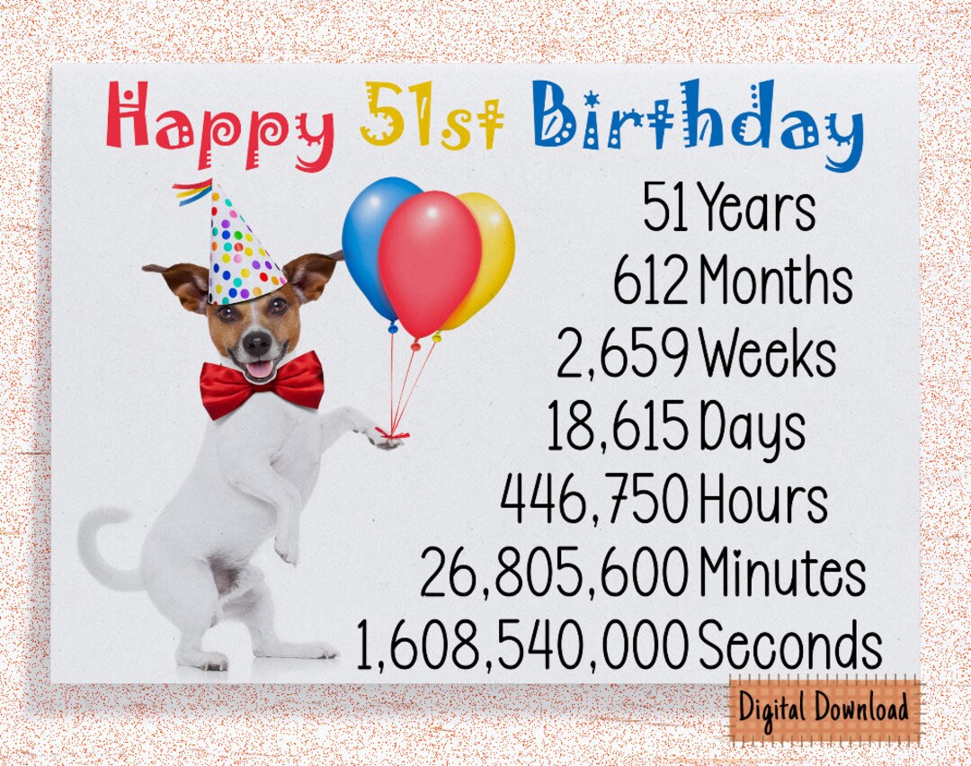 Printable Cute 51st Birthday Card, Birthday Card for 51st Birthday ...