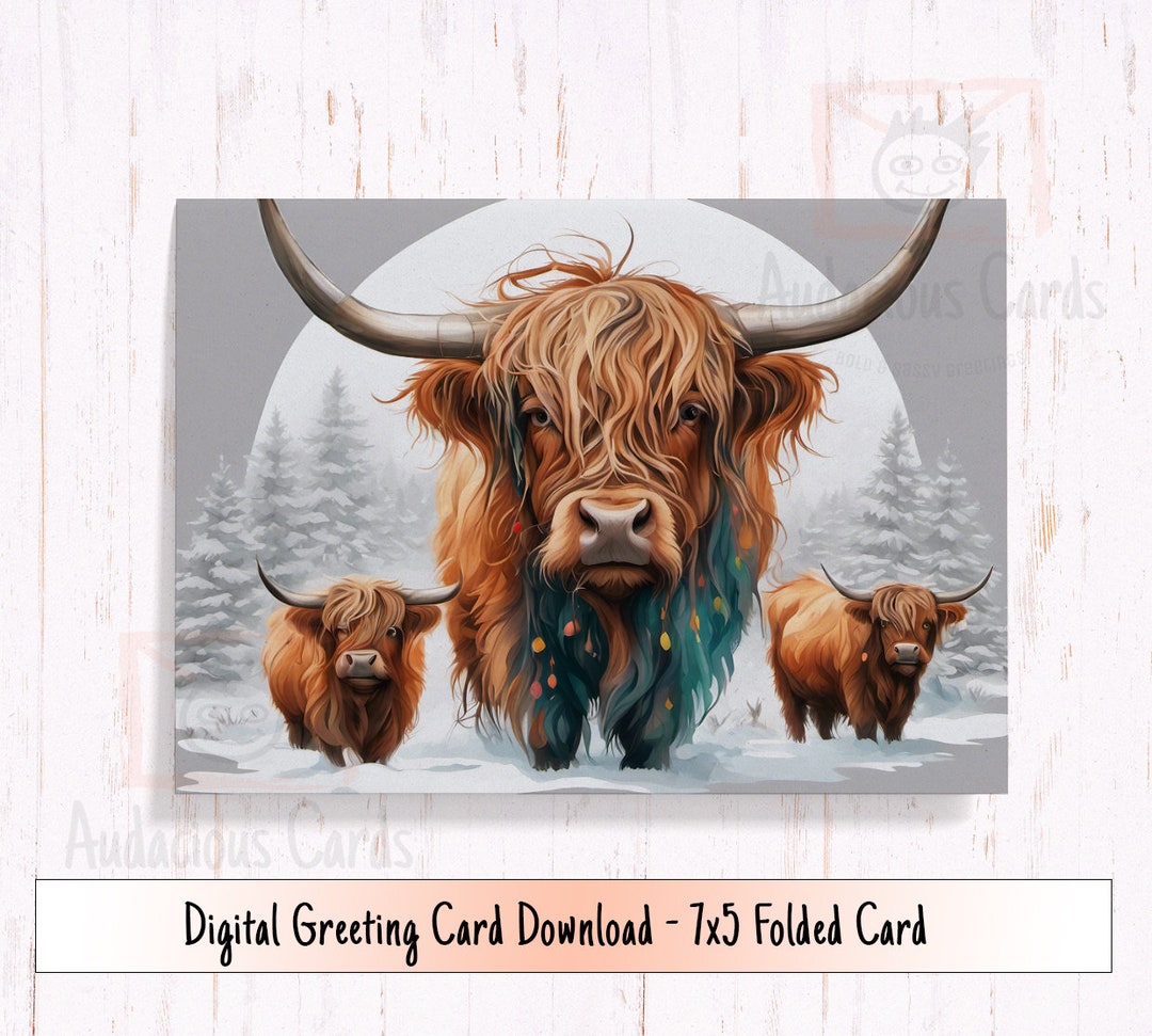 Printable Christmas Card, Family Highland Cows Christmas Card, Digital ...