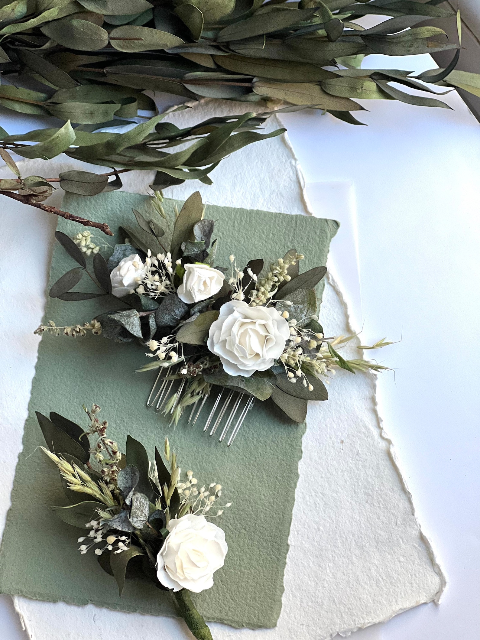 Romantic Greenery Hair Pins Eucalyptus Rose Hair Pins off White Rose ...