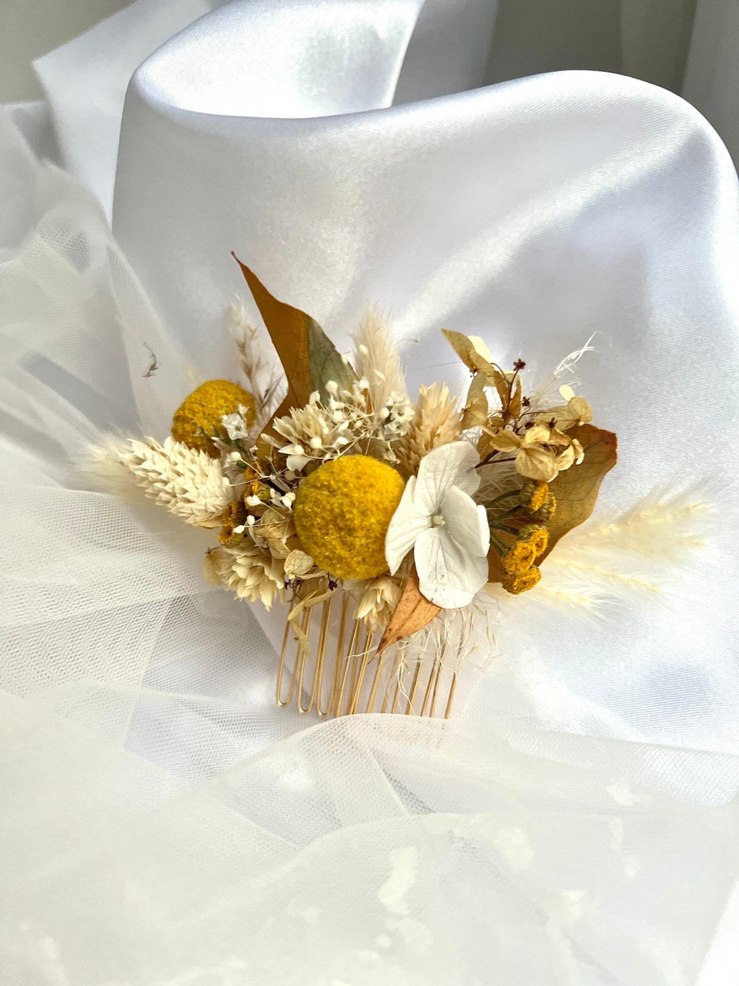Yellow Flower Hair Comb Dried Flowers Hair Comb Natural and Rustic ...