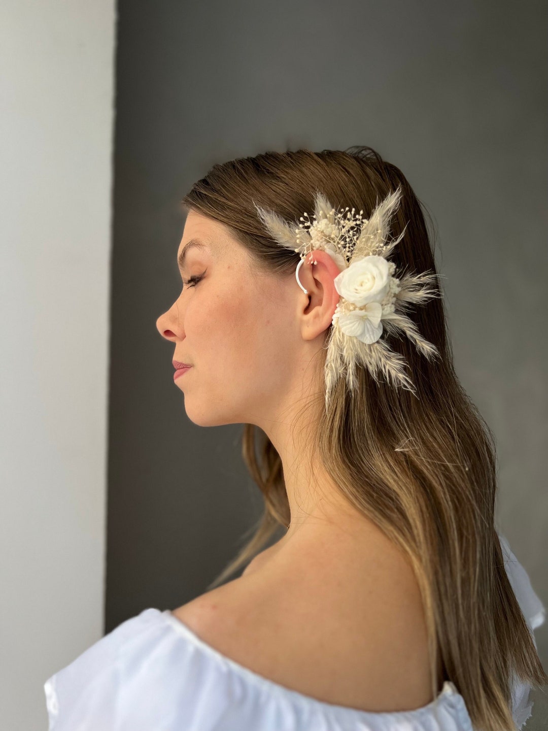Bridal Ear Cuff Earrings Dried Flower Bohemian White Rose Ear Climber Bridal Earrings Wedding ...