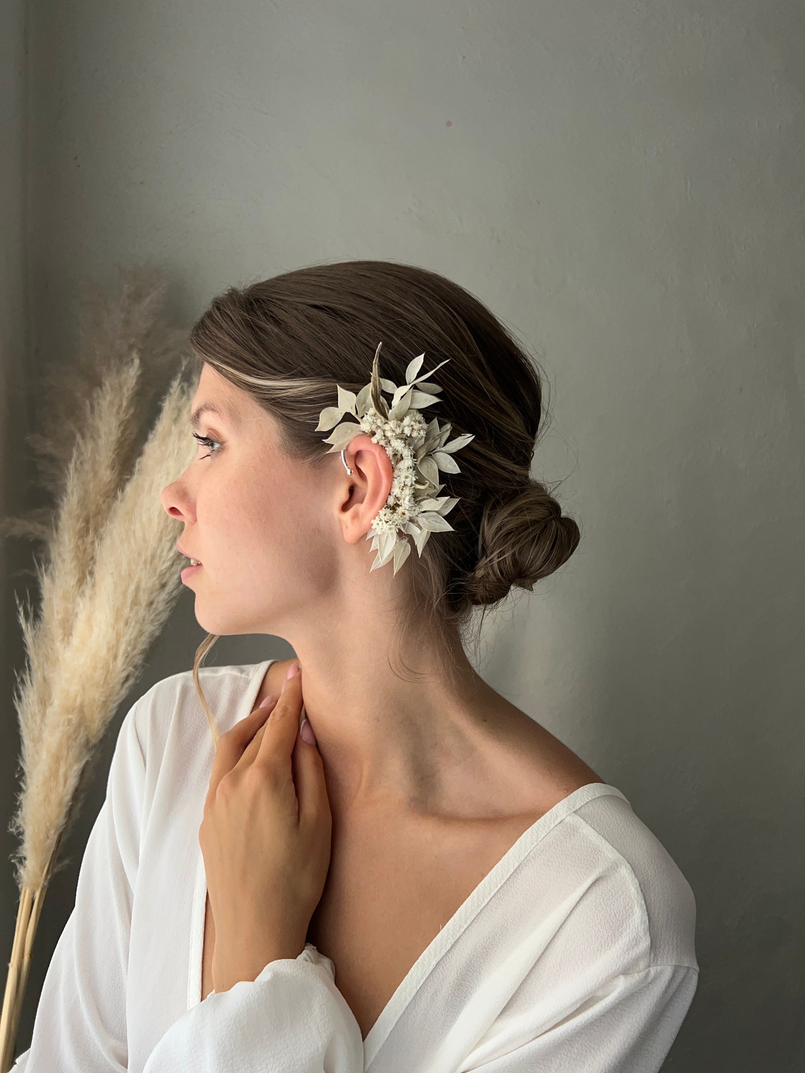 Flowers Ear Cuff Earrings Dried Flower Hair Pins Flower Ear Climber White Bridal Earrings ...