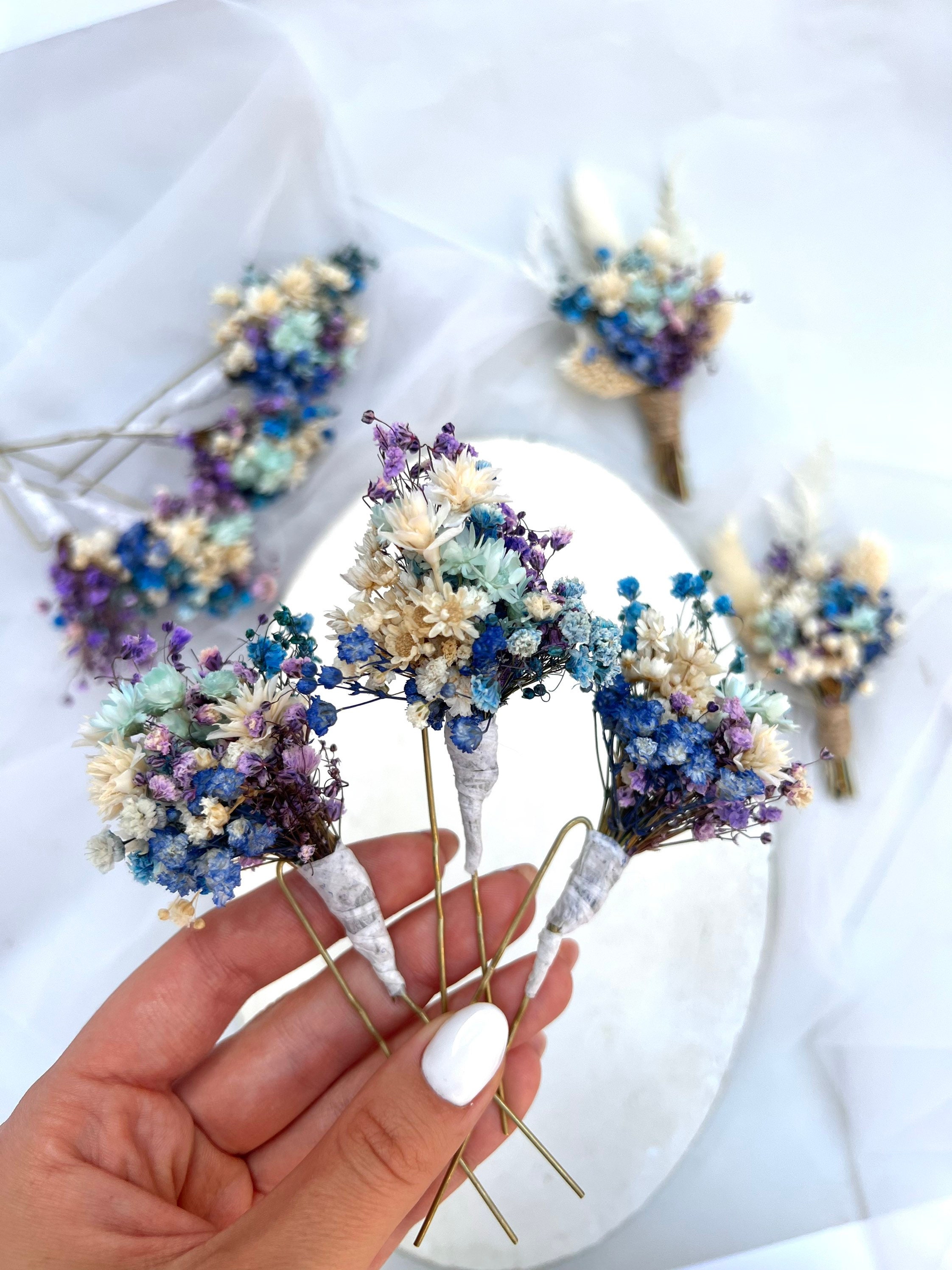 Dried Flower Hair Pins White Blue Boho Wedding Flower Hairpins Blue ...