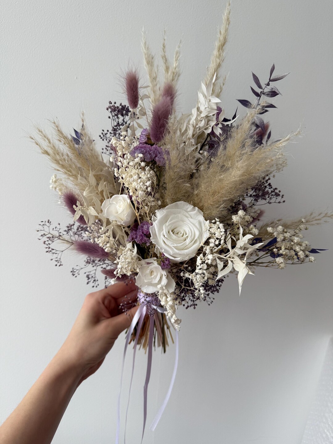 Purple Bridal Bouquet Dried Flower Bouquet Purple Hair Comb Wildflower ...