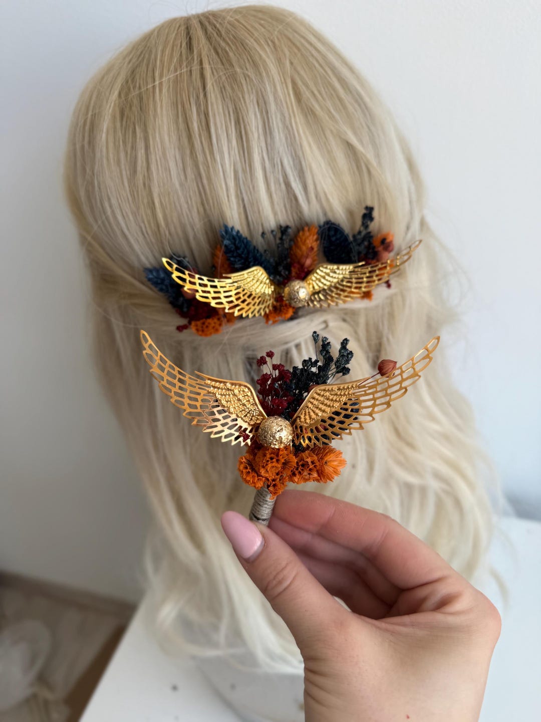Gold Snitch Hair Piece Orange Blue Hair Piece Wedding Rustic Hair Comb ...
