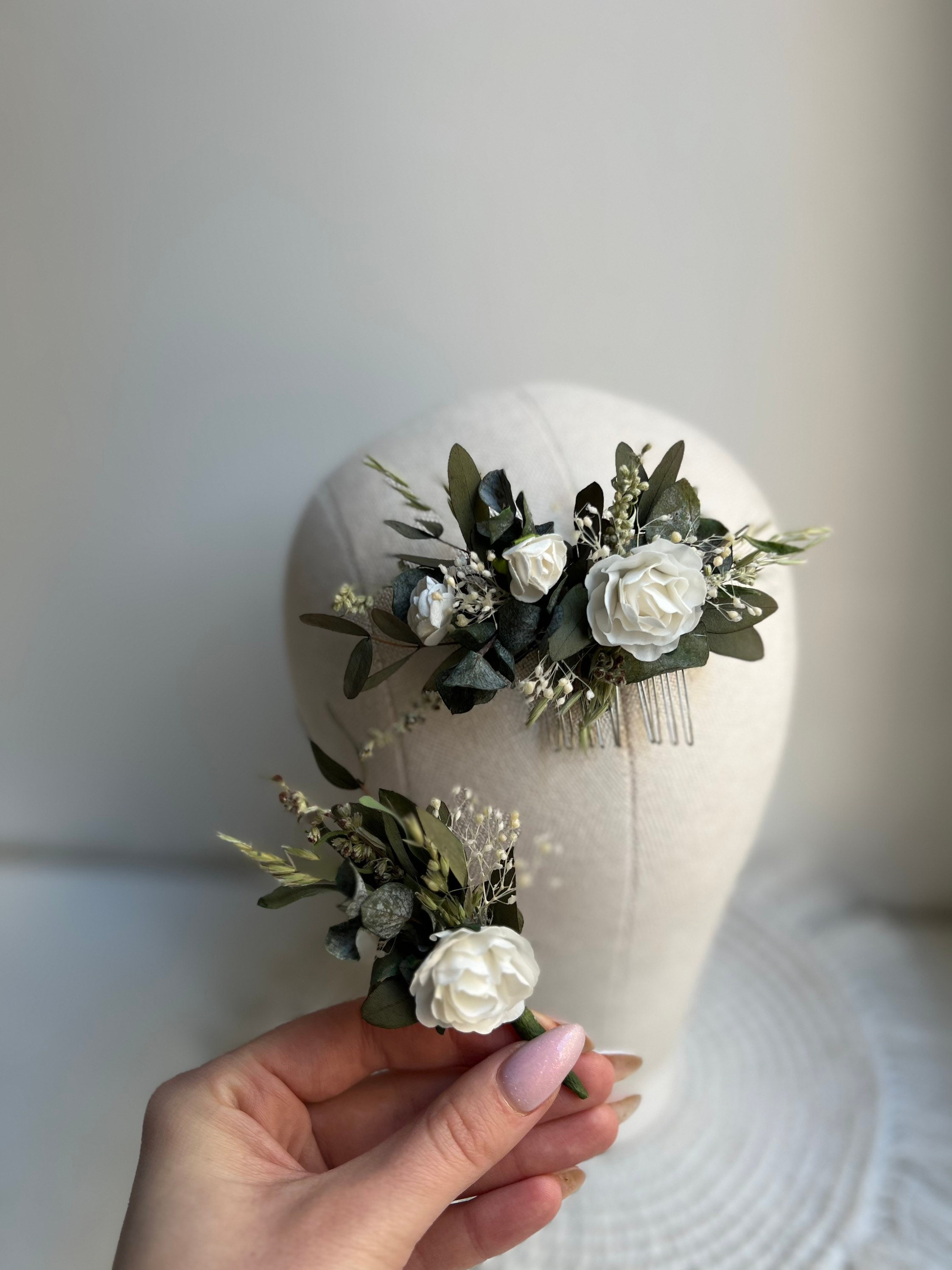 Romantic Greenery Hair Pins Eucalyptus Rose Hair Pins off White Rose ...
