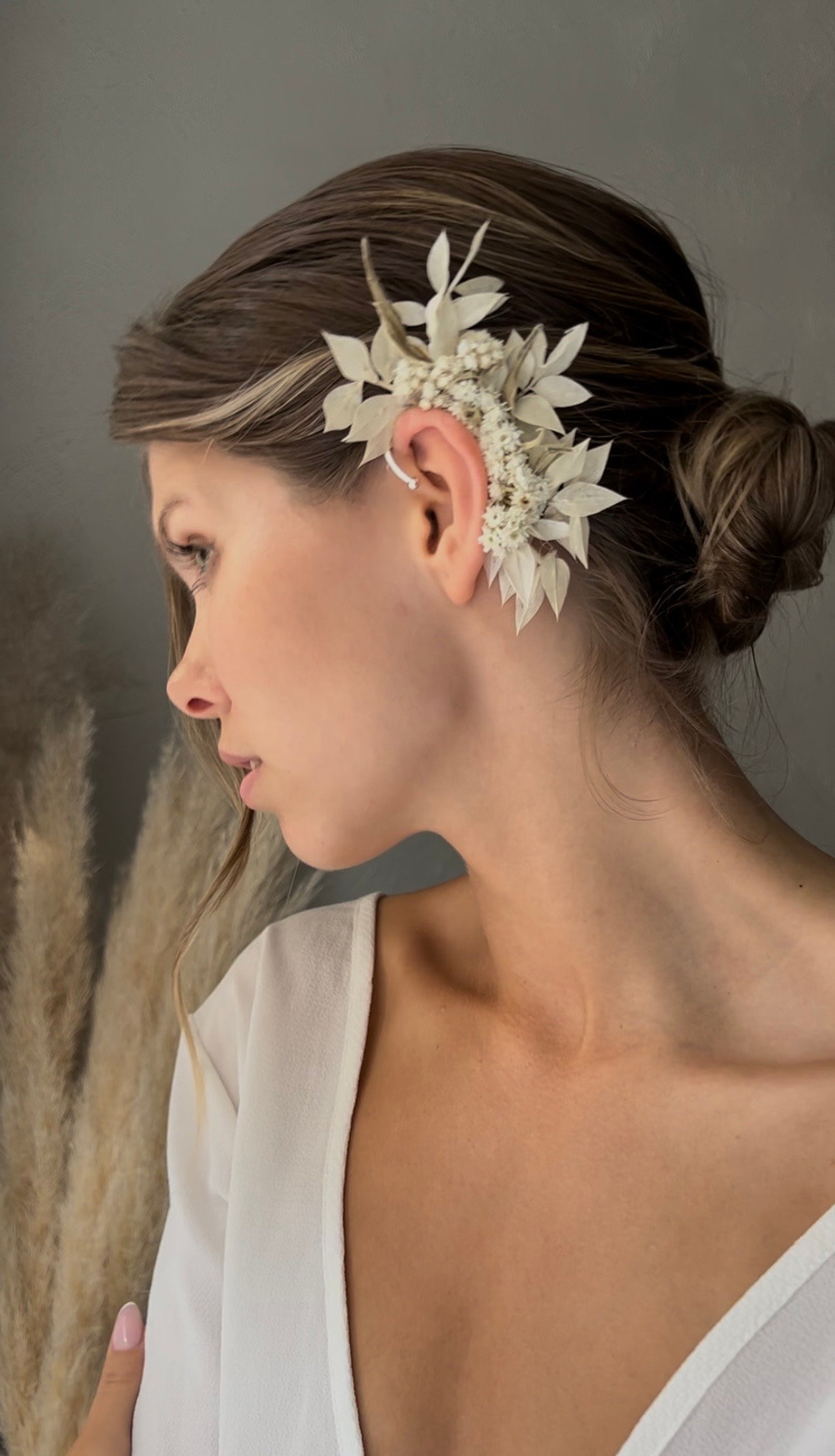 Flowers Ear Cuff Earrings Dried Flower Hair Pins Flower Ear Climber White Bridal Earrings ...