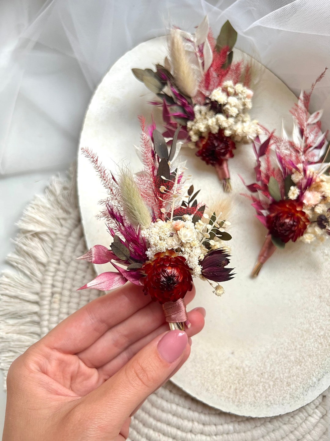 Burgundy Dried Boutoniere Rustic Dried Flower Bouquet Autumn Buttonhole Fall Wedding Boho Flower ...