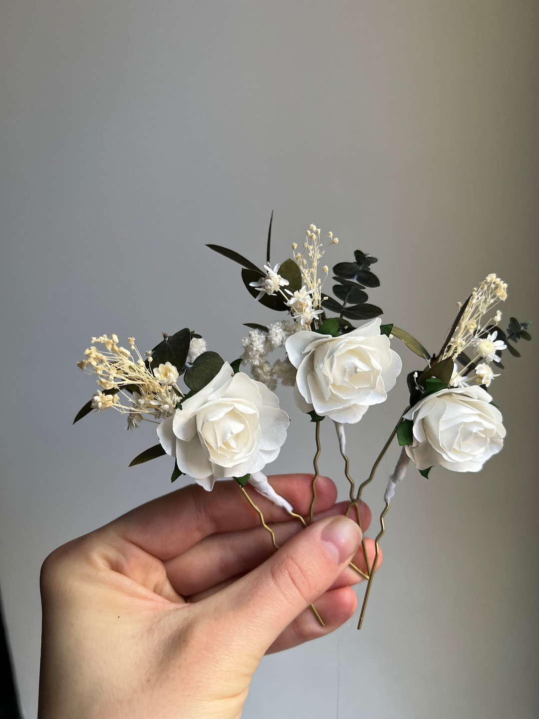 White Rose Hairpiece Eucalyptus Hair Pins Babys Breath Hair Pins ...