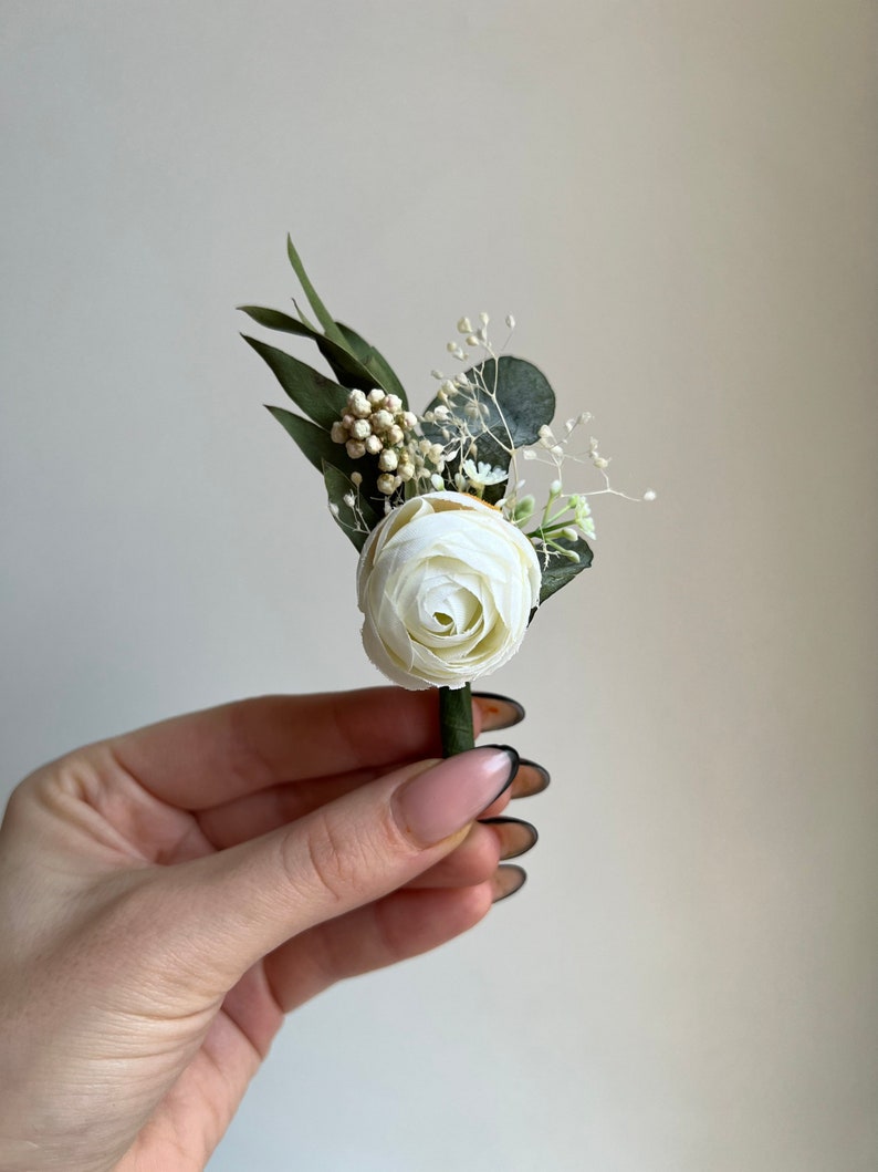 Groom’s Boutonniere Green and White Buttonhole White Peony Corsage for ...