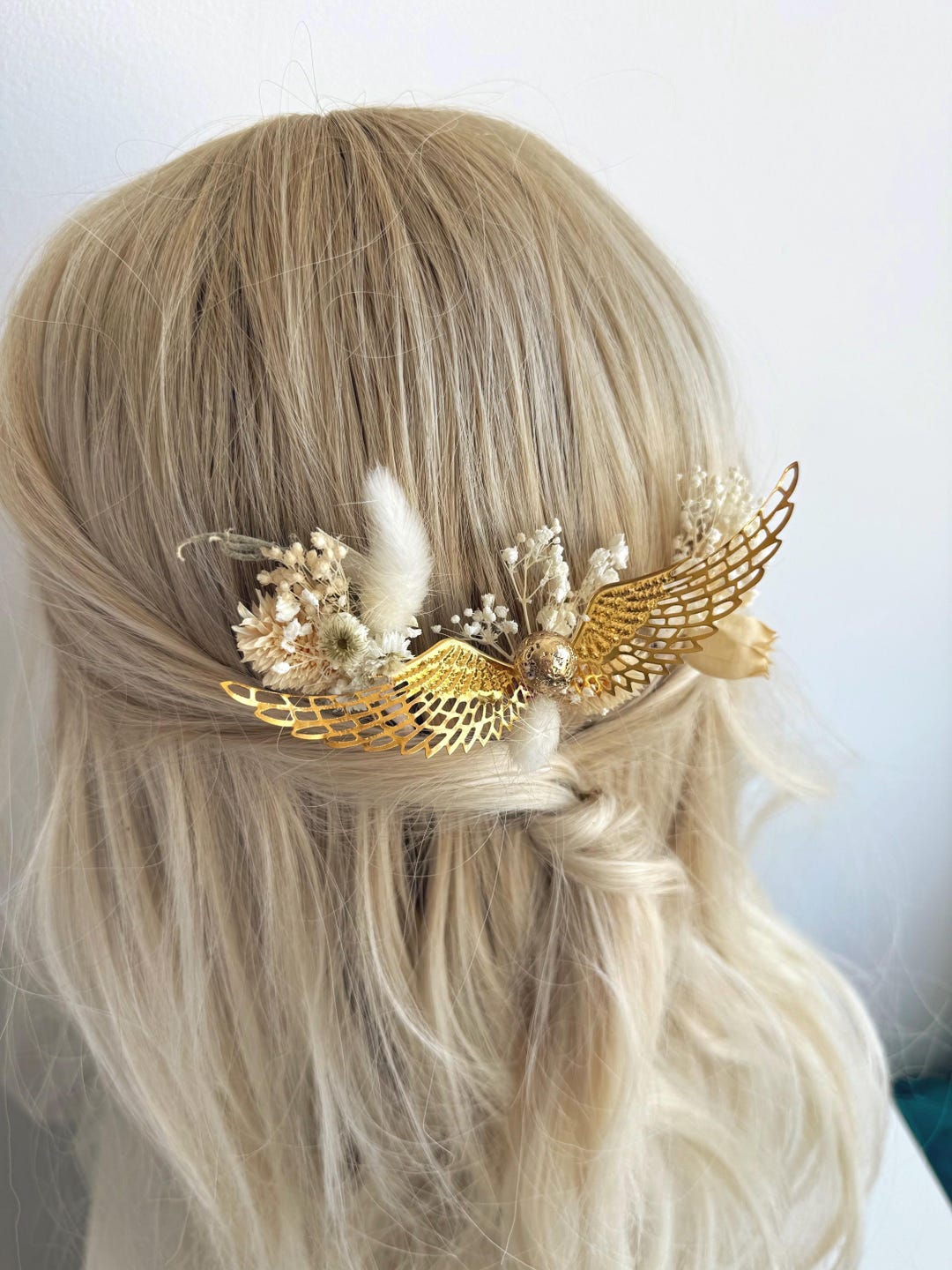 Gold Snitch Hair Piece Dried Flower Hair Piece Magical Gold Wings Hair ...