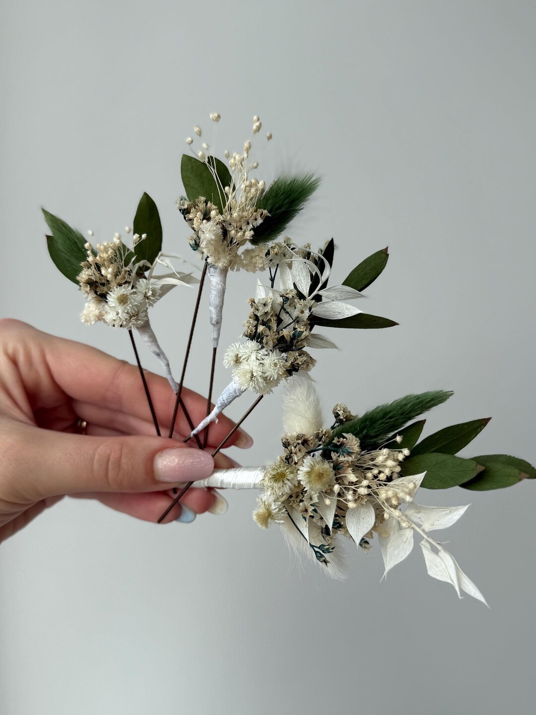 Greenery Rustic White Wedding Dried Flower Hair Pins Boho Bridal Hair ...
